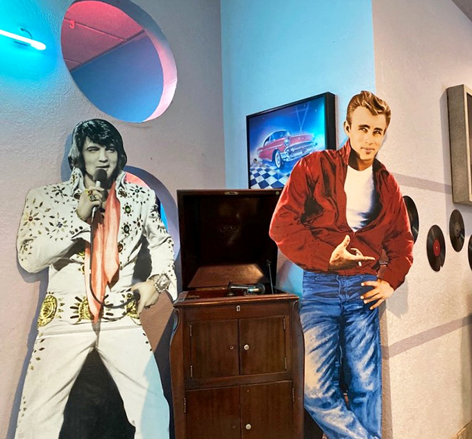 Elvis and James Dean stand guard like patron saints of American pop culture, silently approving your decision to order that extra side of bacon.