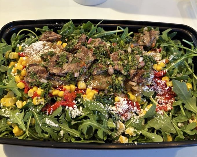 The Emerald Skirt Salad: where steak and arugula have a party and invite corn and cotija cheese to join the fun.