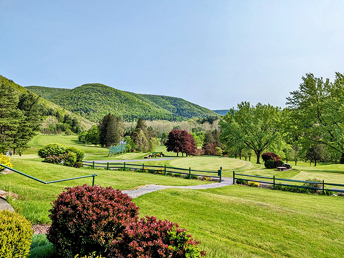 Rolling greens meet mountain blues at the local country club, where membership costs less than a monthly parking pass in most cities.