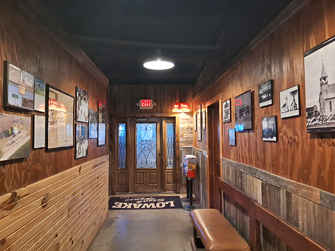 The hallway to happiness, lined with wood paneling and local memorabilia&mdash;a Texas time capsule leading to culinary bliss.