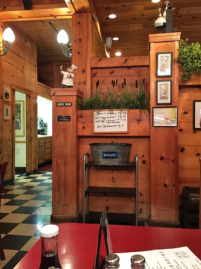 "Jury Box" sign hints at the courthouse proximity. Even justice takes a lunch break when French toast this good is served nearby.