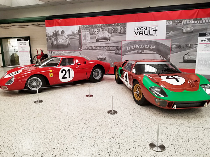 Ferrari red meets British racing green in this "From the Vault" exhibit showcasing how European sports car design influenced American racing.