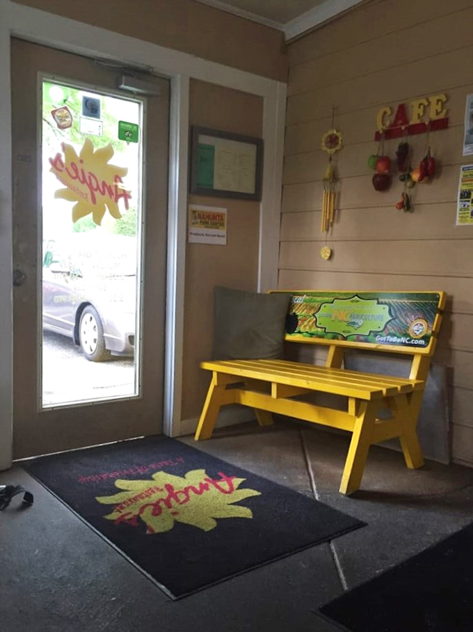 Even the exit at Angie's promises sunshine&mdash;that yellow bench is basically saying "rest here and contemplate a second breakfast."