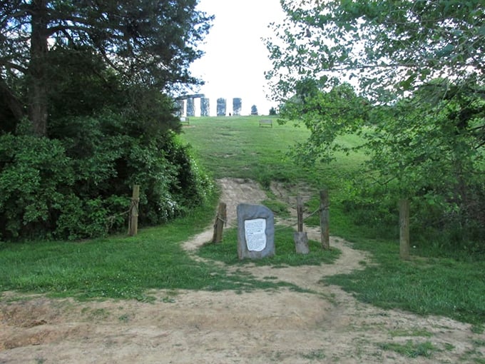 The approach to Foamhenge builds anticipation, with the monument revealing itself dramatically atop the hill. Ancient architects knew about showmanship.