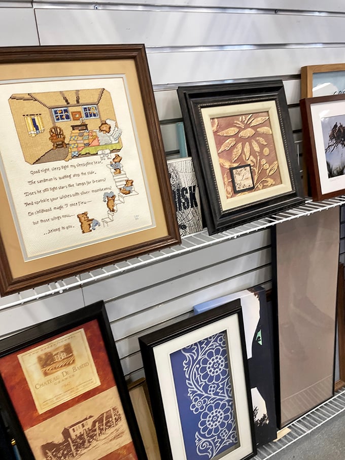 Wall art waiting for its forever home. That framed needlepoint has already survived one family's decor trends and is ready for yours.