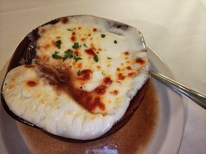 French onion soup with a cheese pull so dramatic it deserves its own category at the Academy Awards.