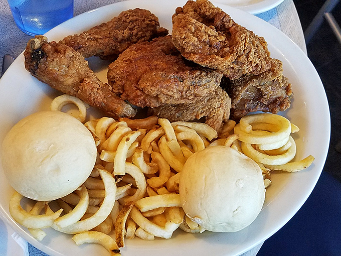 Fried chicken with skin so perfectly crispy, it makes you understand why people write songs about comfort food.