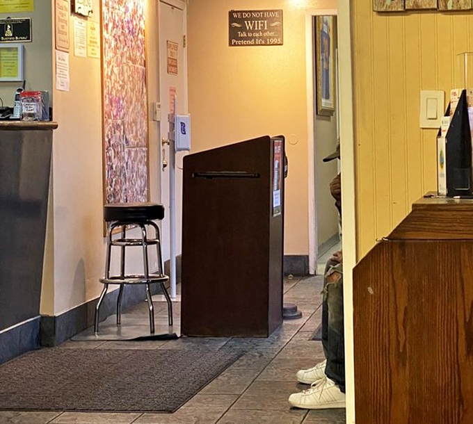 No WiFi sign says it all &ndash; this is a place where actual conversation happens. Remember that? It's like texting but with your mouth.