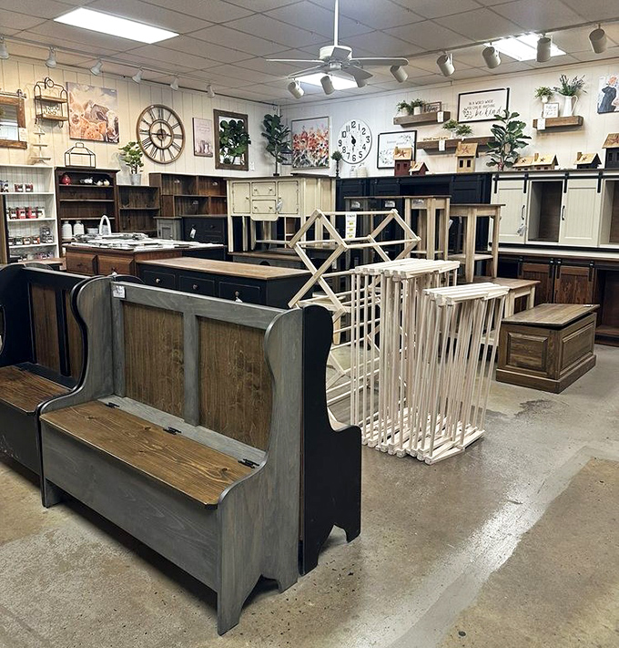 Handcrafted furniture displays showcase Pennsylvania craftsmanship at its finest. That church pew could tell stories from your living room for generations to come.