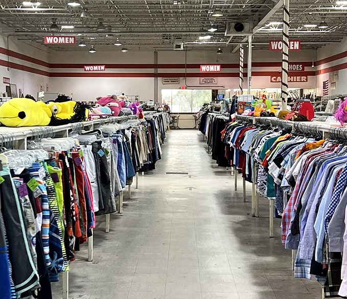 The women's section stretches toward the horizon, a textile sea where fashion trends from every decade come to mingle.