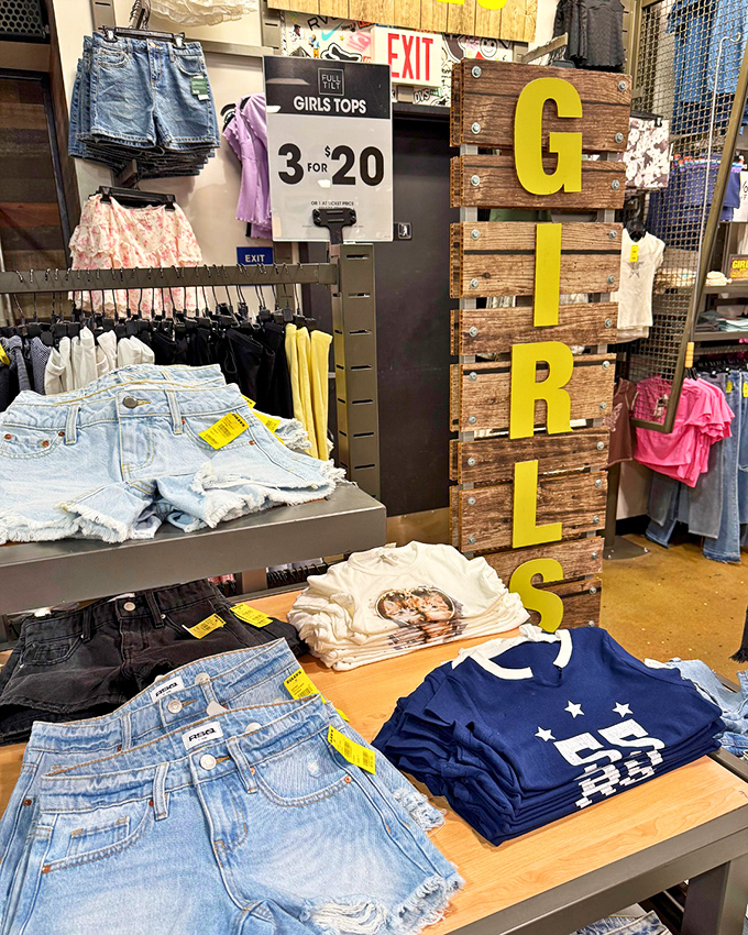 The girls' section at Tulare Outlets&mdash;where "3 for $20" signs create more excitement than front row tickets to a Taylor Swift concert.