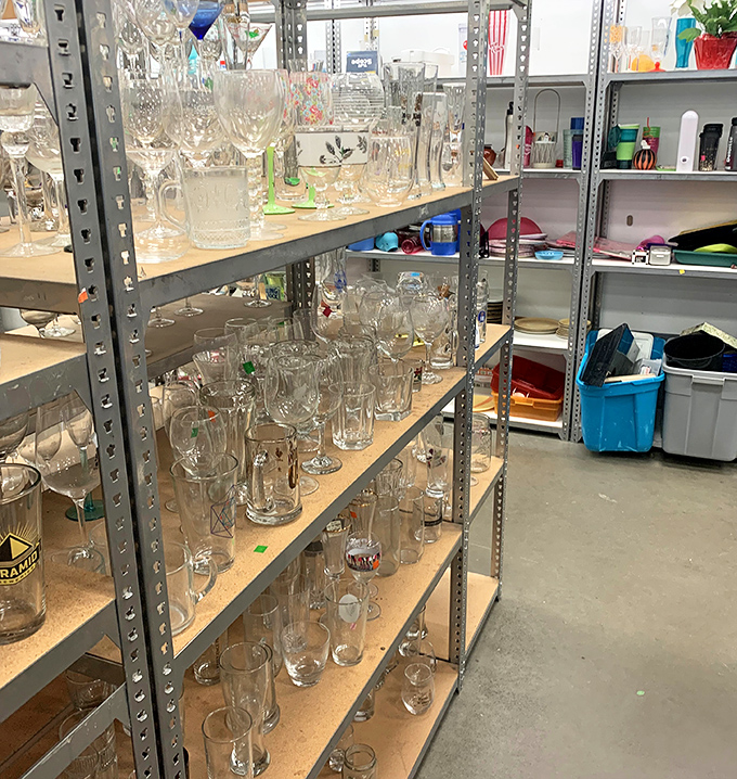 Crystal and glass treasures line the shelves like a museum of everyday elegance, waiting for their second act.