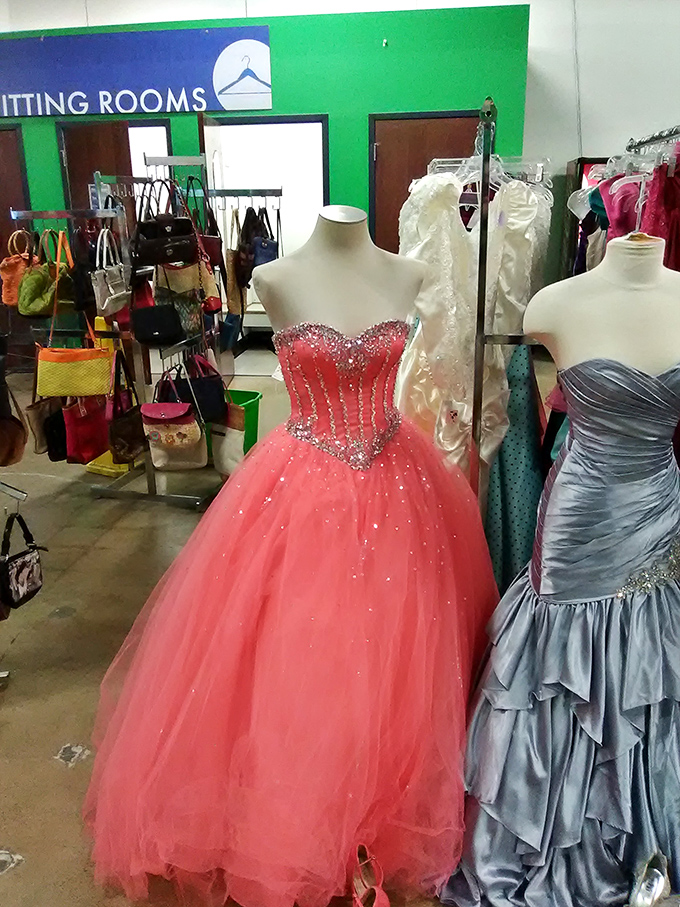 Prom dreams don't die, they just wait at Goodwill. These formal gowns stand ready for their next big night, sparkling with possibilities and saved memories.