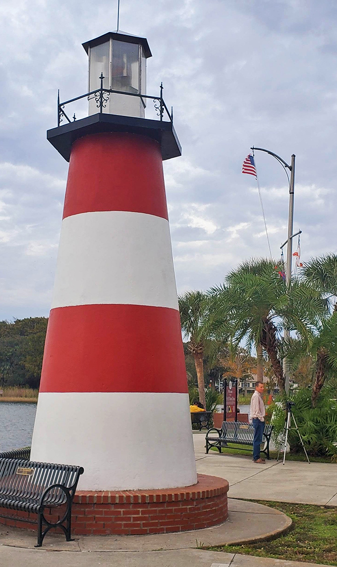 Mount Dora's lighthouse stands proud against Florida skies. The only inland lighthouse in Florida&mdash;because even lake sailors need guidance.