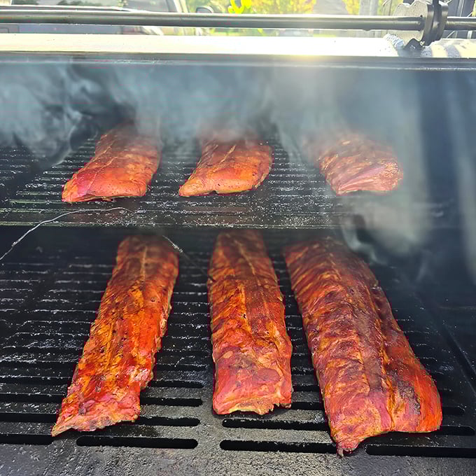 Smoke billowing off ribs like nature's special effect. This isn't cooking; it's a slow-motion love letter to patience.