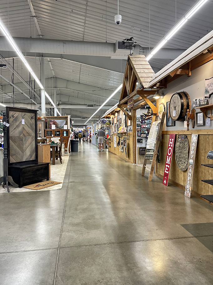Wide aisles and rustic charm create a shopping experience that feels more like a stroll through a small-town Main Street than a marketplace.