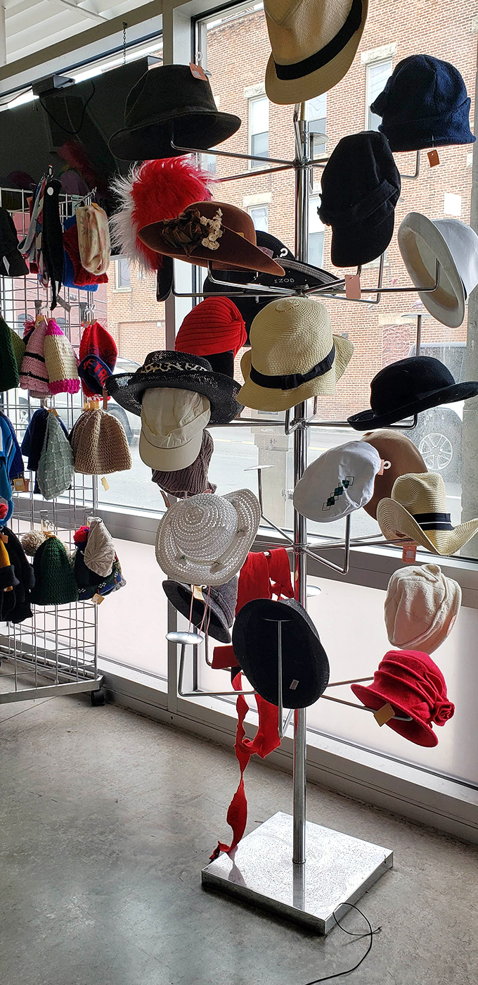 
This hat display is a fashionista's dream, featuring everything from practical sun protection to statement pieces that would turn heads at the Kentucky Derby. 