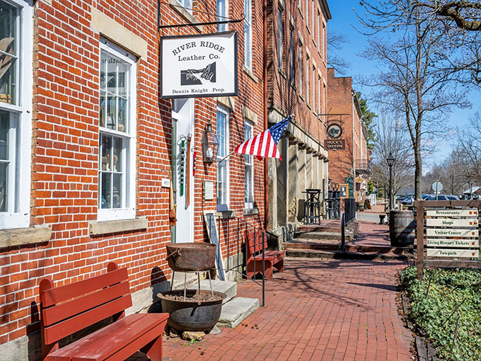 Red brick, American flags, and rocking chairs outside River Ridge Leather Co.&mdash;some shopping experiences can't be replicated on Amazon.