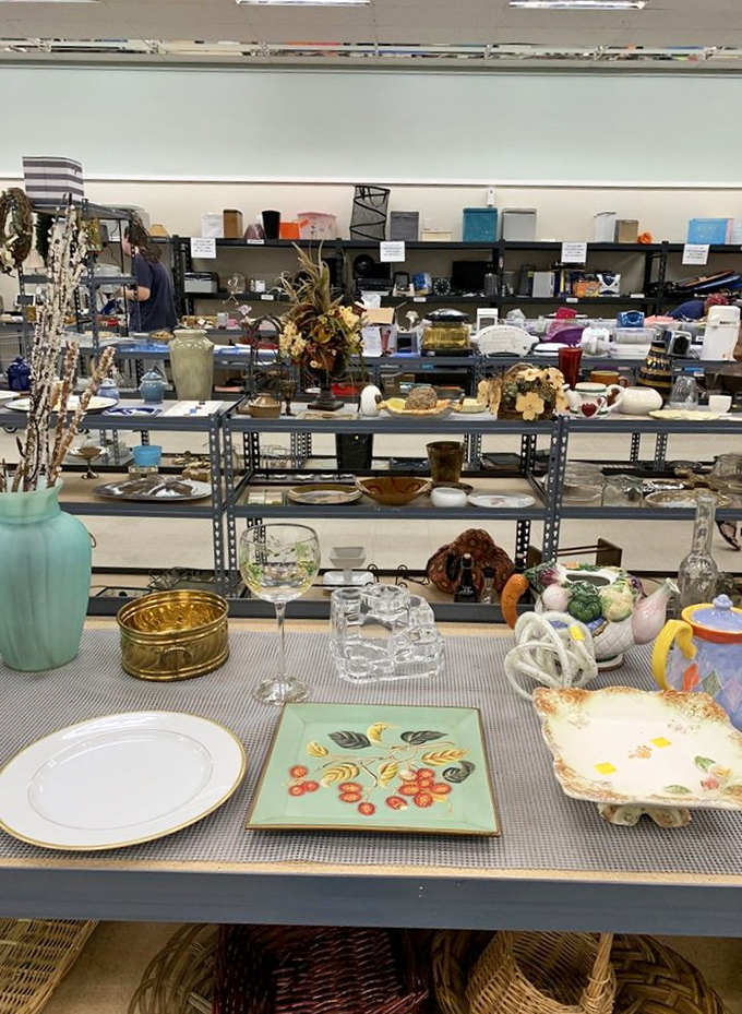 Decorative treasures from turquoise vases to vintage plates create a museum of American home décor spanning several decades.