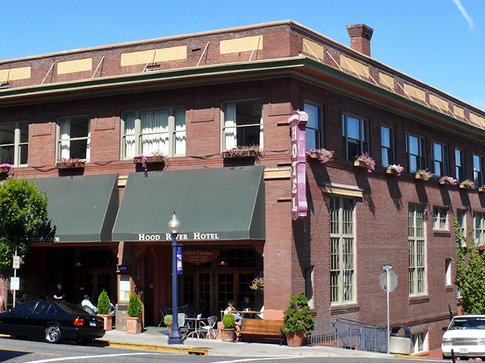 The Hood River Hotel stands proud on the corner, a classic beauty that never went out of style.
