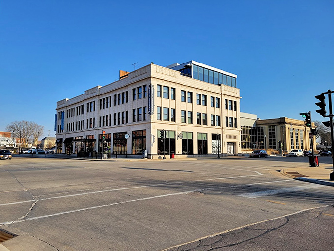 Hotel Goodwin anchors downtown with stately presence, its renovated facade blending historic charm with modern amenities at the heart of Beloit.