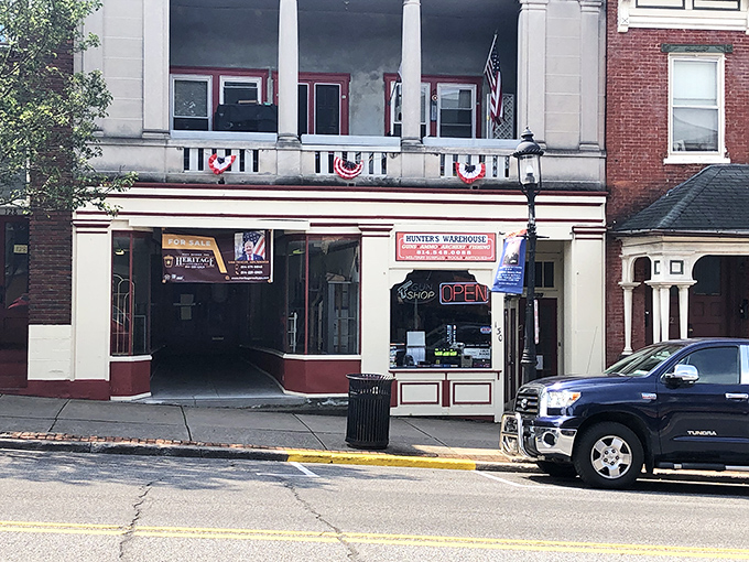 Hunters Warehouse's classic storefront with patriotic bunting captures small-town America so perfectly it could be a movie set.