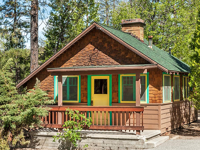 A cabin straight out of a Wes Anderson film, where those colorful trim choices boldly announce, "Yes, creative people live here!"