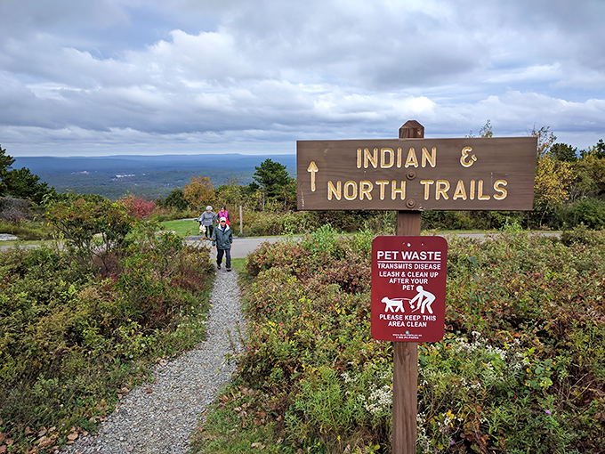 The trail sign promises adventure in two directions, while politely reminding you that even in paradise, you still need to pick up after your dog.