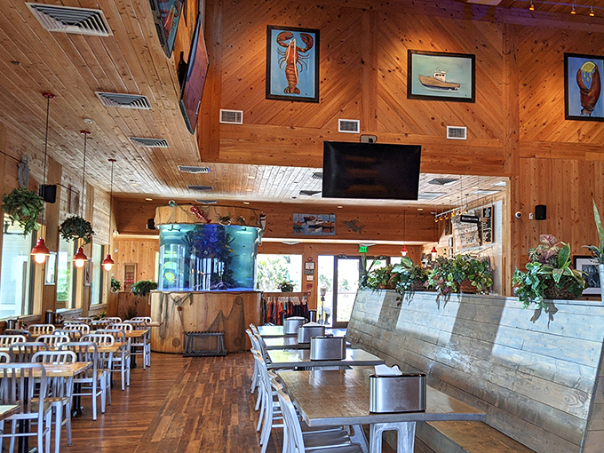 The dining room's wooden beams and nautical touches create an atmosphere that says "yes, you're at the coast" without resorting to plastic fish on the walls.