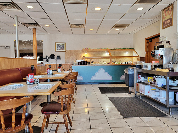 The dining room view captures that perfect small-town restaurant energy&mdash;where conversations flow between tables and everyone's business is delightfully everyone's business.