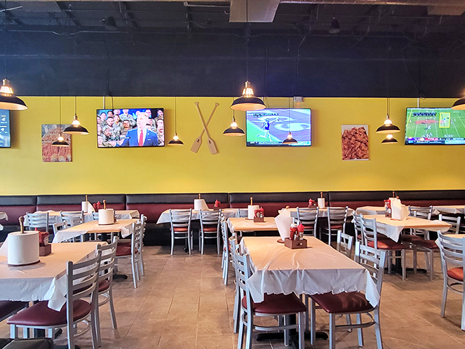 Yellow walls and TVs create the perfect casual backdrop for serious eating. This isn't dinner theater&mdash;it's dinner as the main event.