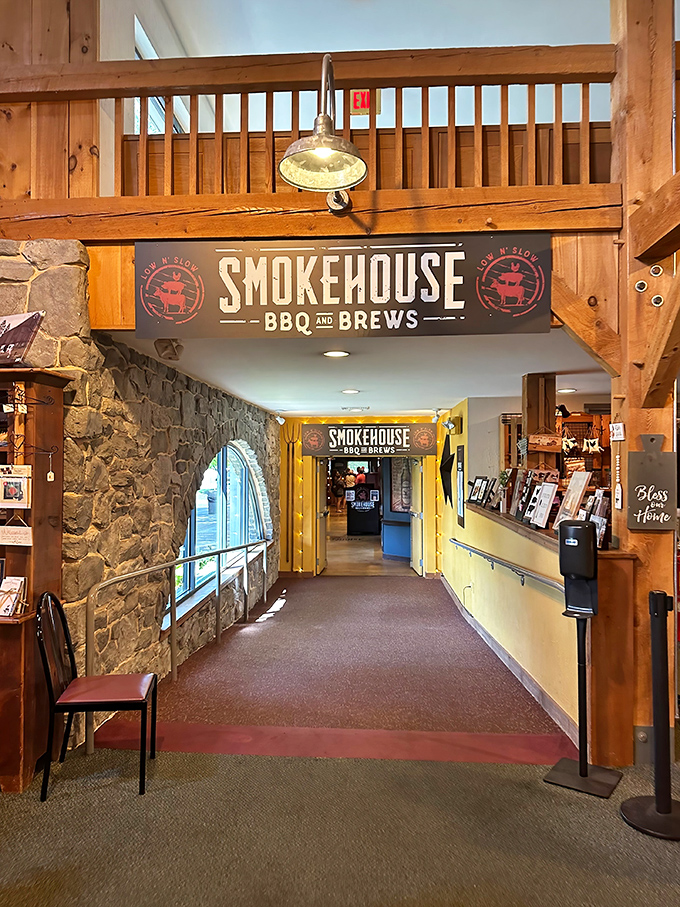A hallway that promises delicious adventures ahead. Follow the Smokehouse sign like it's your personal yellow brick road to flavor town.