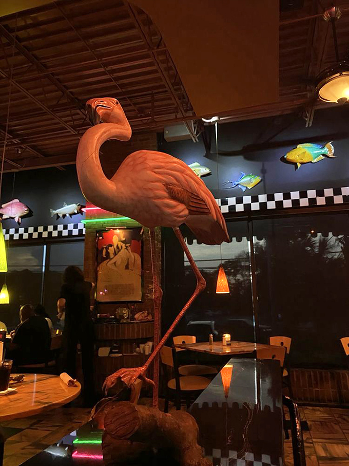 The whimsical flamingo statue stands tall as the restaurant's mascot, surrounded by playful fish decorations that remind you this is serious food that doesn't take itself too seriously.