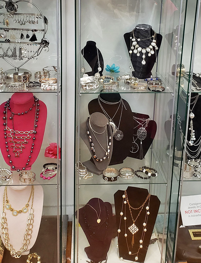 Jewelry cases gleaming with potential statement pieces that whisper, "Buy me, and everyone will ask where you got that amazing necklace."