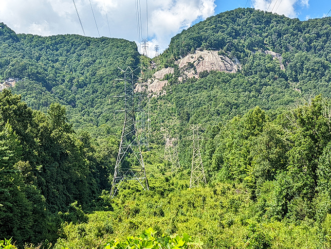 Dramatic mountain ridges rise above power lines. Even infrastructure looks poetic when framed by the Blue Ridge's ancient silhouettes.