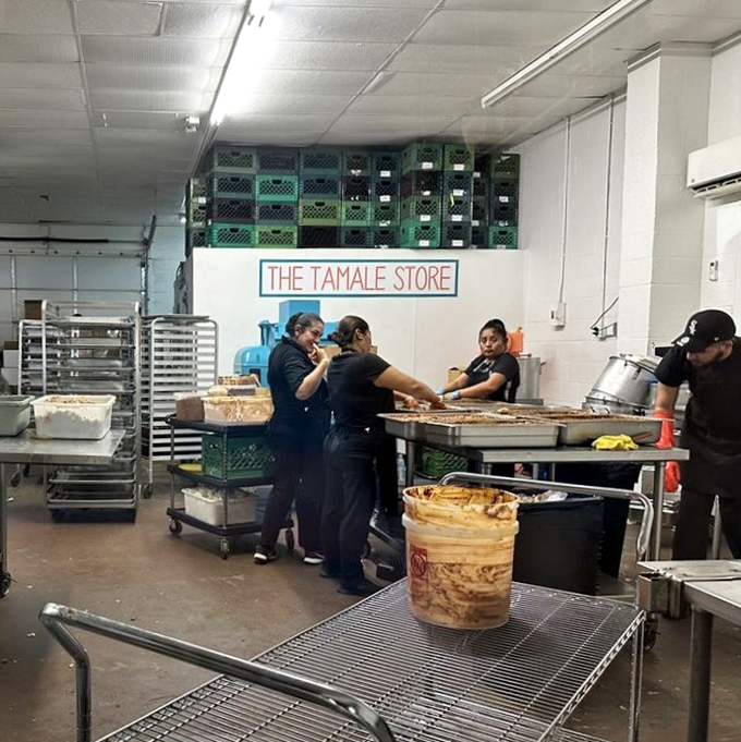 The kitchen crew works their tamale magic, each wrapped bundle a testament to tradition and technique.