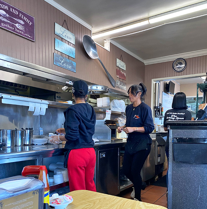 The open kitchen concept lets you witness the choreographed dance of breakfast preparation in real time.