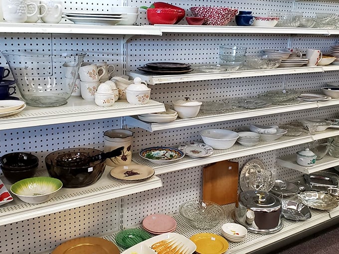 Dishware display that spans decades of dinner parties. Those avocado green plates remember when that color was cutting-edge kitchen fashion.