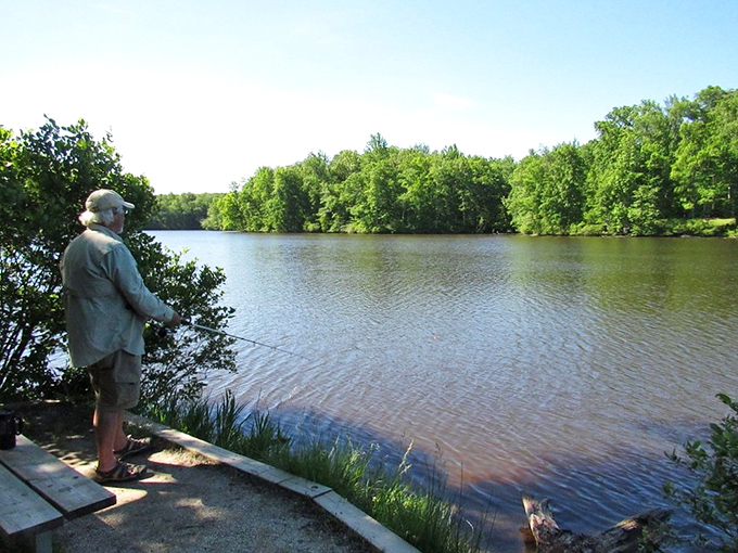 Patience rewarded: a lone angler casts his line into the tranquil waters, participating in the ancient meditation that is fishing.