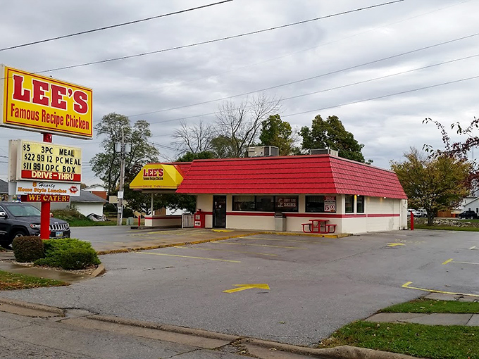 Lee's Famous Recipe Chicken serves up comfort food that makes retirement taste better. That distinctive red roof signals crispy, golden satisfaction awaits inside.