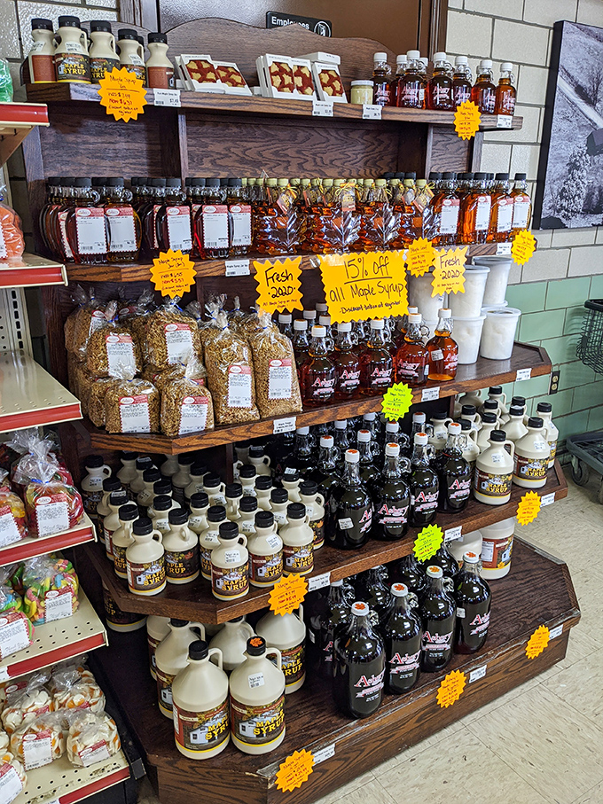 Maple syrup bottles standing at attention, waiting to rescue your breakfast from mediocrity with liquid gold.