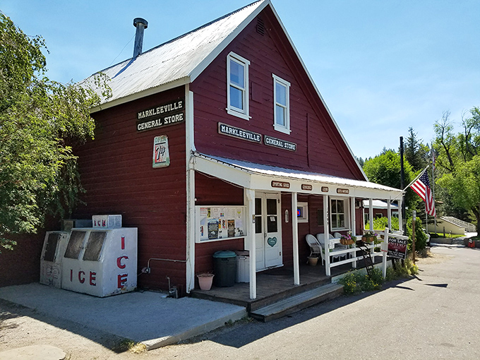 The Markleeville General Store, with its classic red facade, serves as both time capsule and community hub for locals and visitors alike. 