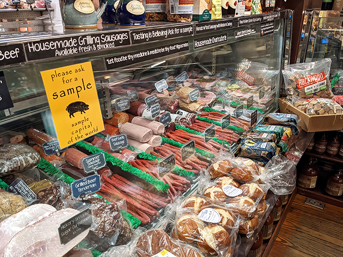The Smoke House Market's meat counter showcases artisanal sausages and premium cuts that let you bring a taste of Annie Gunn's home.