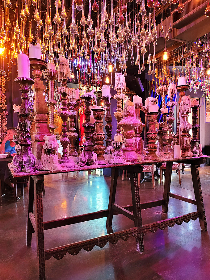 Melted candle d&eacute;cor creates intimate ambiance that whispers "slow down and savor every single delicious moment here."