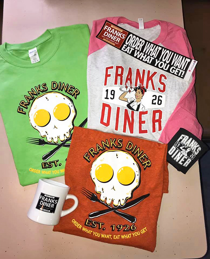 Frank's merch proudly displays their egg skull logo&mdash;wear it and fellow diner enthusiasts will nod knowingly as you pass on the street.