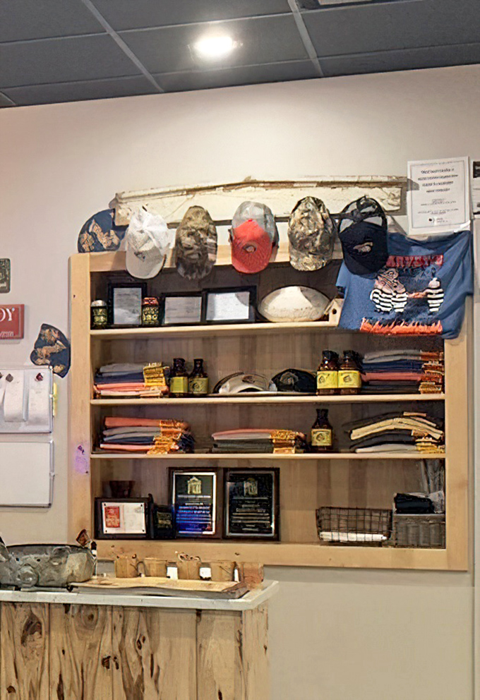 Harvey's merchandise wall&mdash;because sometimes a t-shirt or hat is the only way to prove to friends back home that you've found barbecue nirvana.