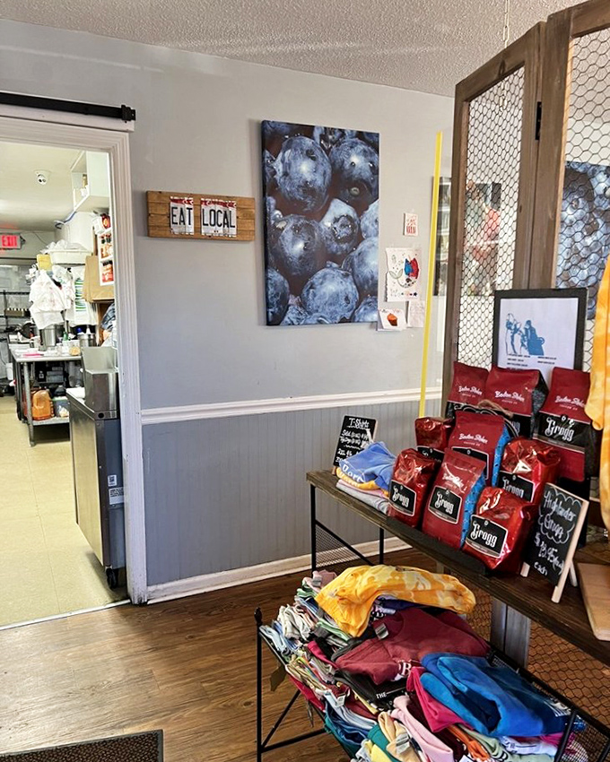 The "Eat Local" sign isn't just decoration&mdash;it's the Blueberry Cafe philosophy served with a side of hometown pride.