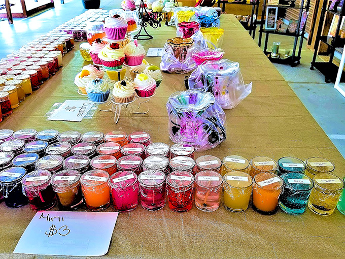 A rainbow of scented possibilities, arranged with the precision of a color wheel. Each tiny jar promises to transform your home into whatever mood you're chasing.