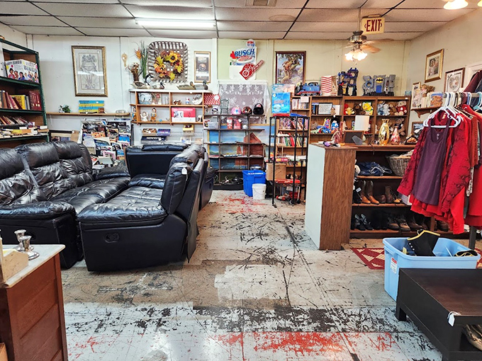 Where leather couches meet vintage collectibles. This room has more stories to tell than your uncle after his third holiday eggnog.