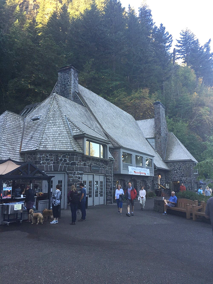 Multnomah Falls Lodge welcomes weary travelers with rustic charm and the promise of hot coffee. The perfect intermission during nature's grand performance.